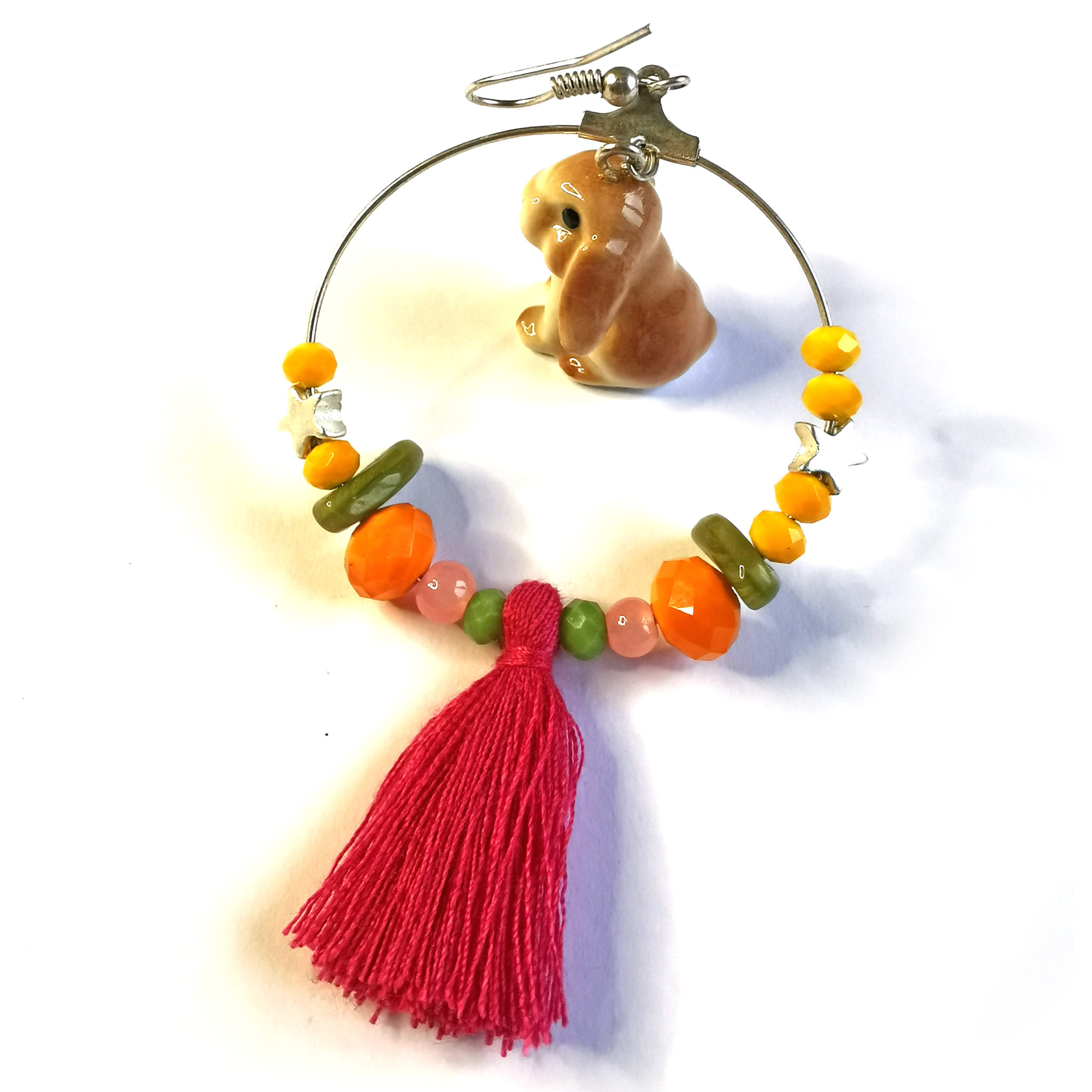 Boucles d'oreilles animal totem lapin et pompon - Bijoux fantaisie créateur